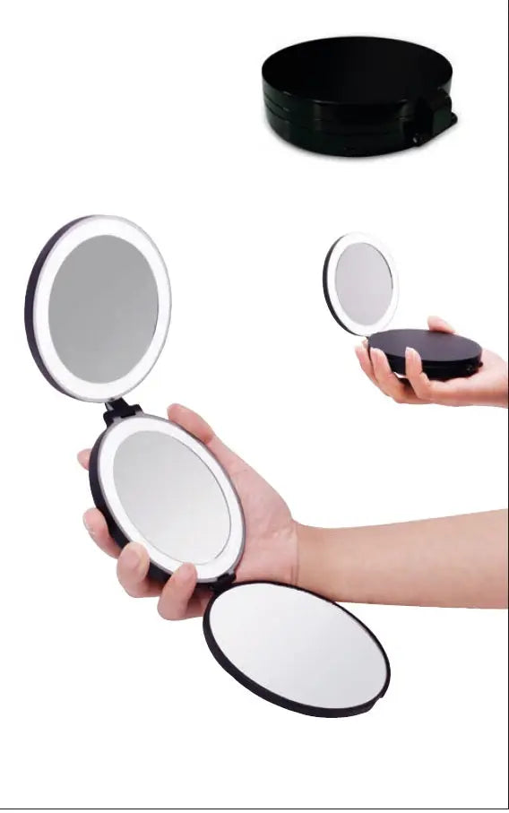 Foldable handheld makeup 10X LED mirror Black LED pocket mirror ...